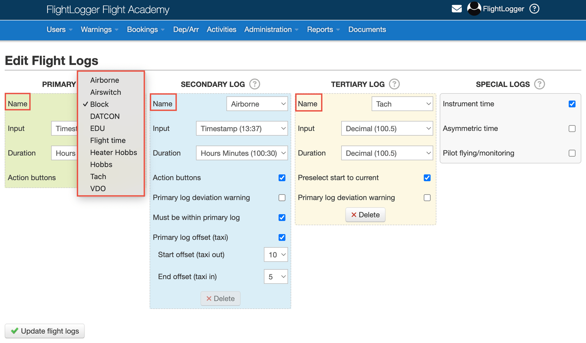 Editing aircraft Flight Log Configuration (Timers)